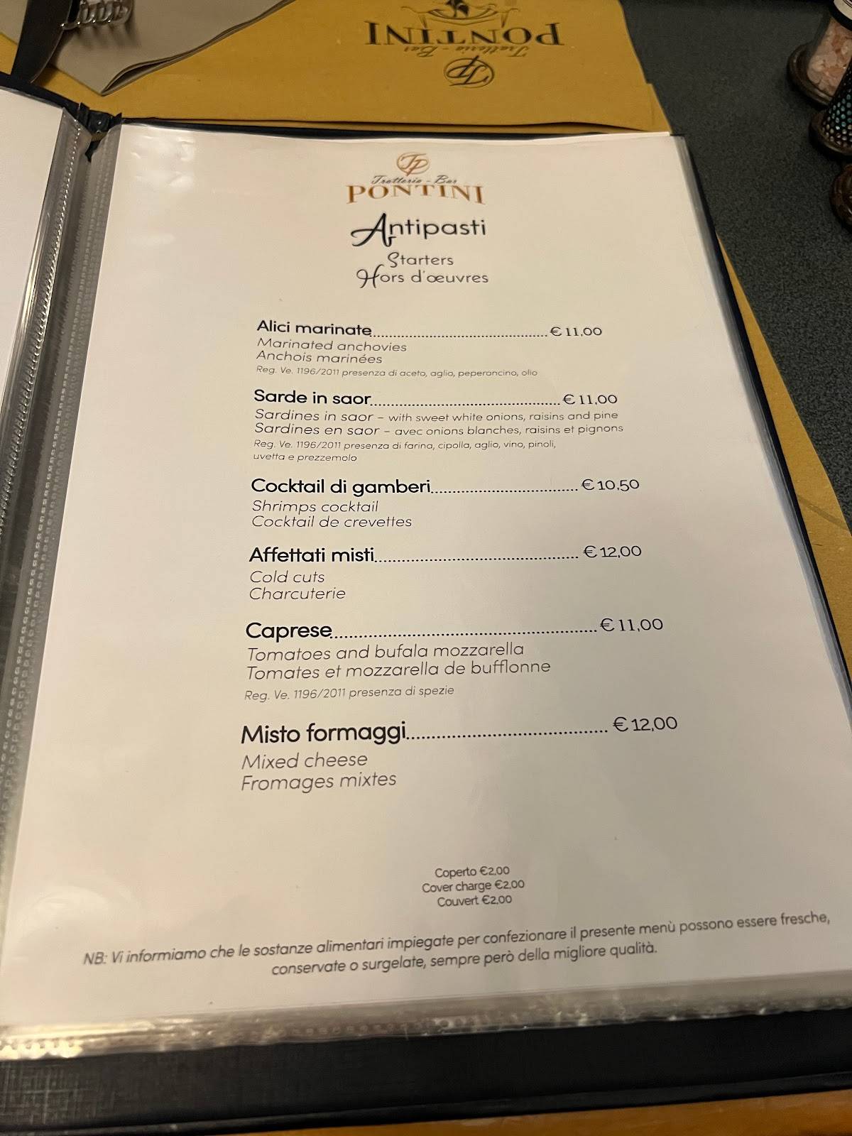 Menu at Trattoria Bar Pontini, Venice, Cannaregio