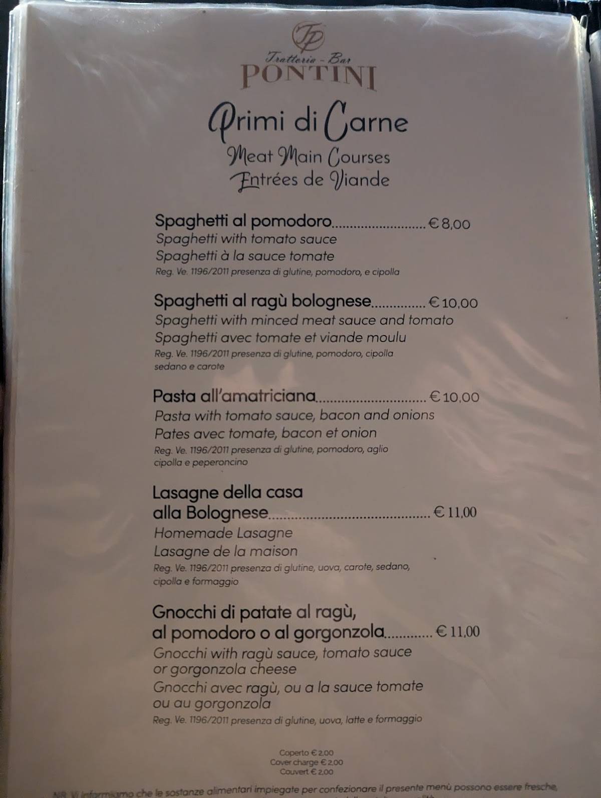 Menu at Trattoria Bar Pontini, Venice, Cannaregio