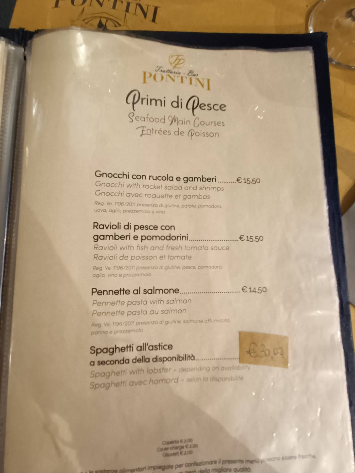 Menu at Trattoria Bar Pontini, Venice, Cannaregio