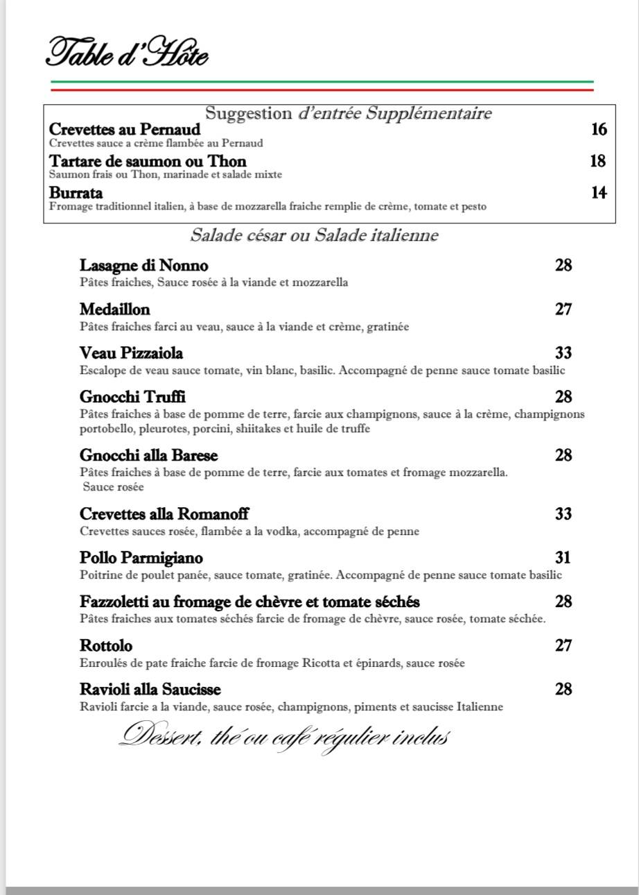 Menu au Trattoria D Amarone restaurant, Terrebonne