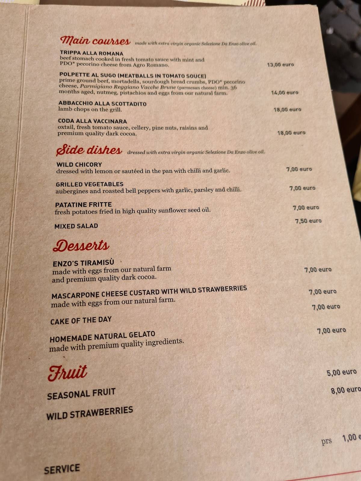 Menu at Trattoria Da Enzo al 29 restaurant, Rome