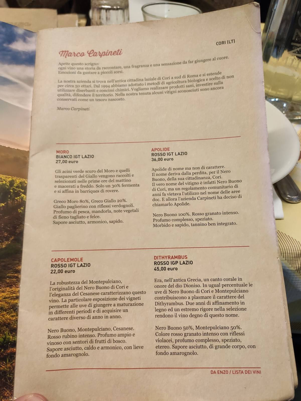 Menu at Trattoria Da Enzo al 29 restaurant, Rome