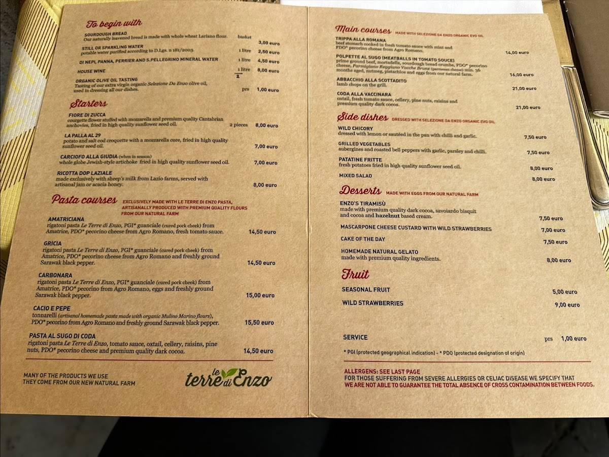 Menu at Trattoria Da Enzo al 29 restaurant, Rome