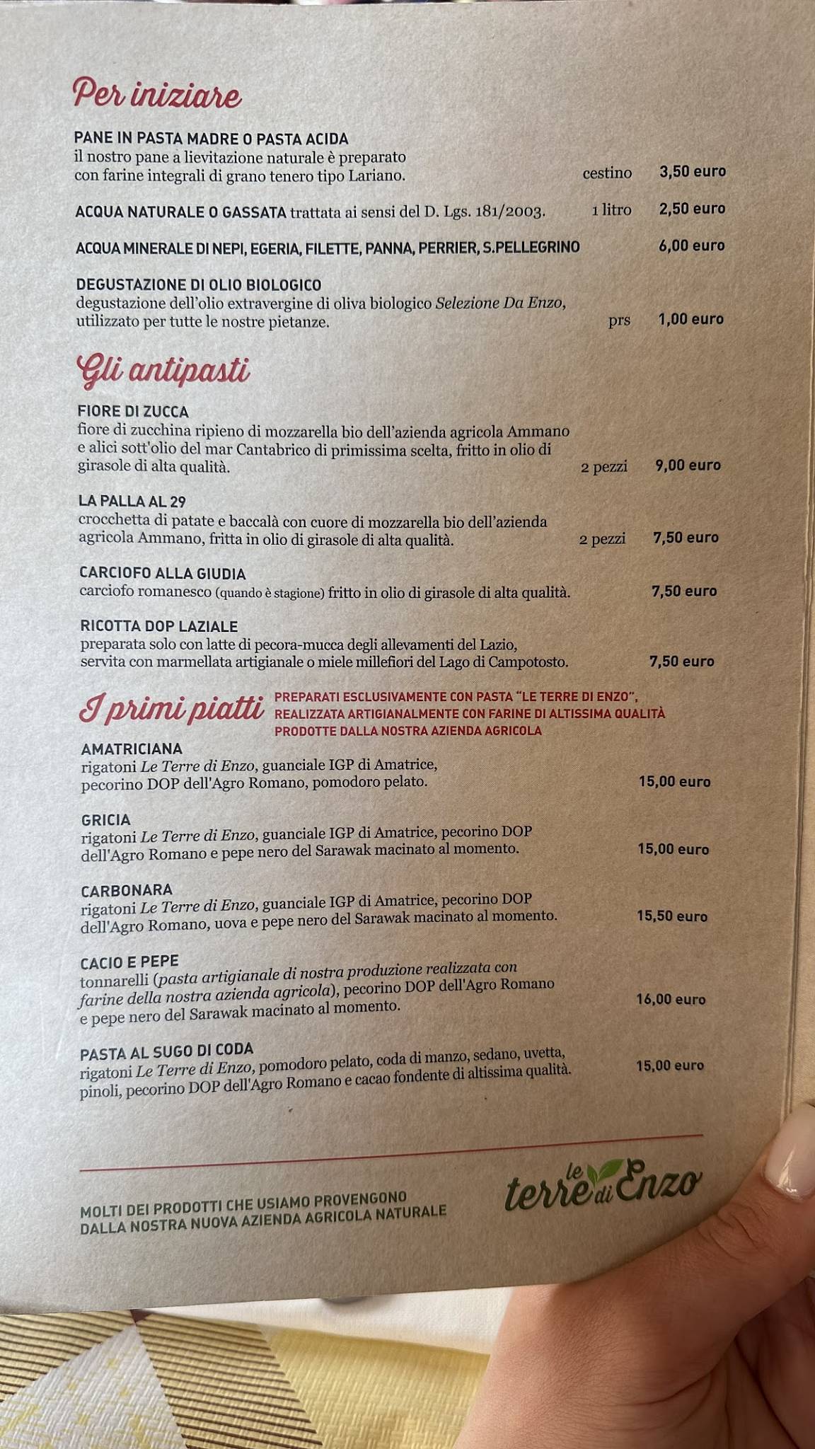 Menu at Trattoria Da Enzo al 29 restaurant, Rome