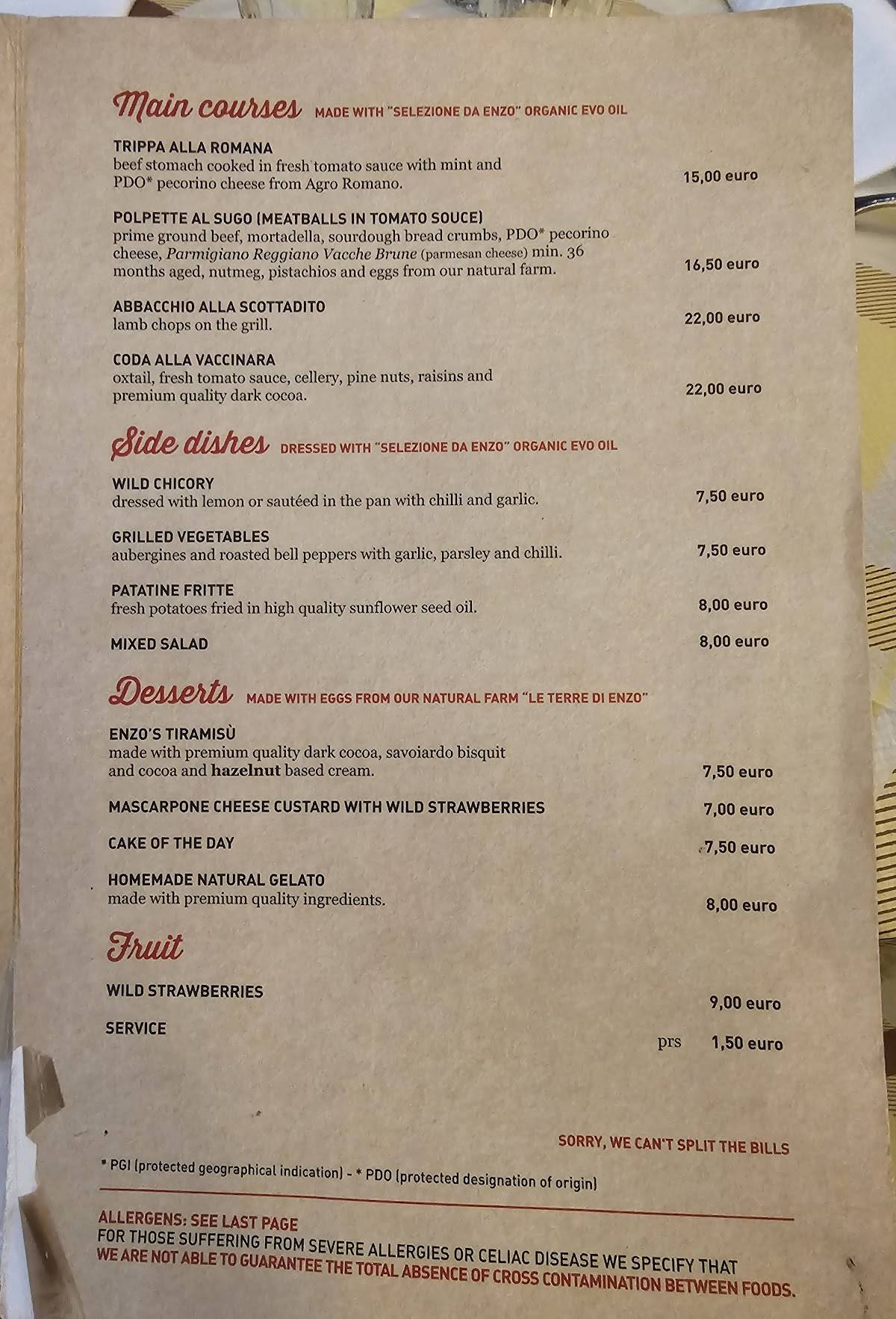 Menu au Trattoria Da Enzo al 29 restaurant, Rome