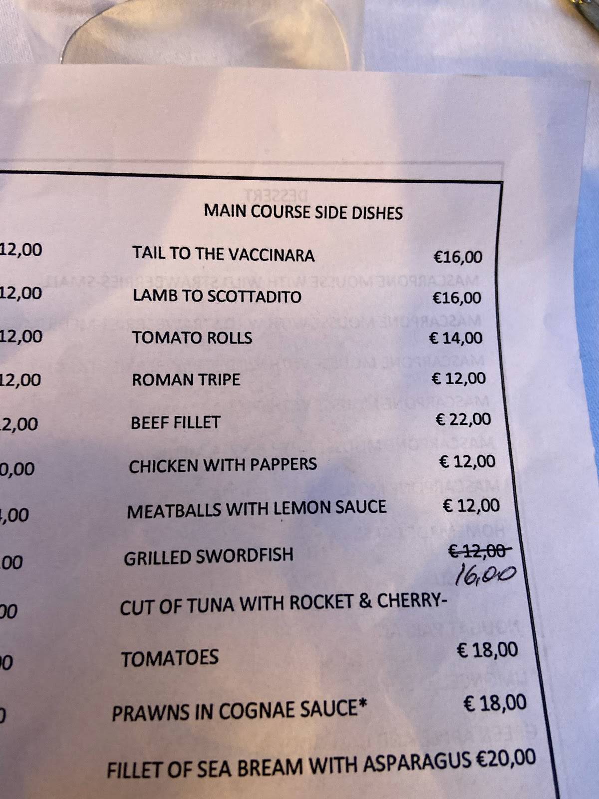 Menu at Trattoria Da Teo restaurant, Rome, Piazza dei Ponziani