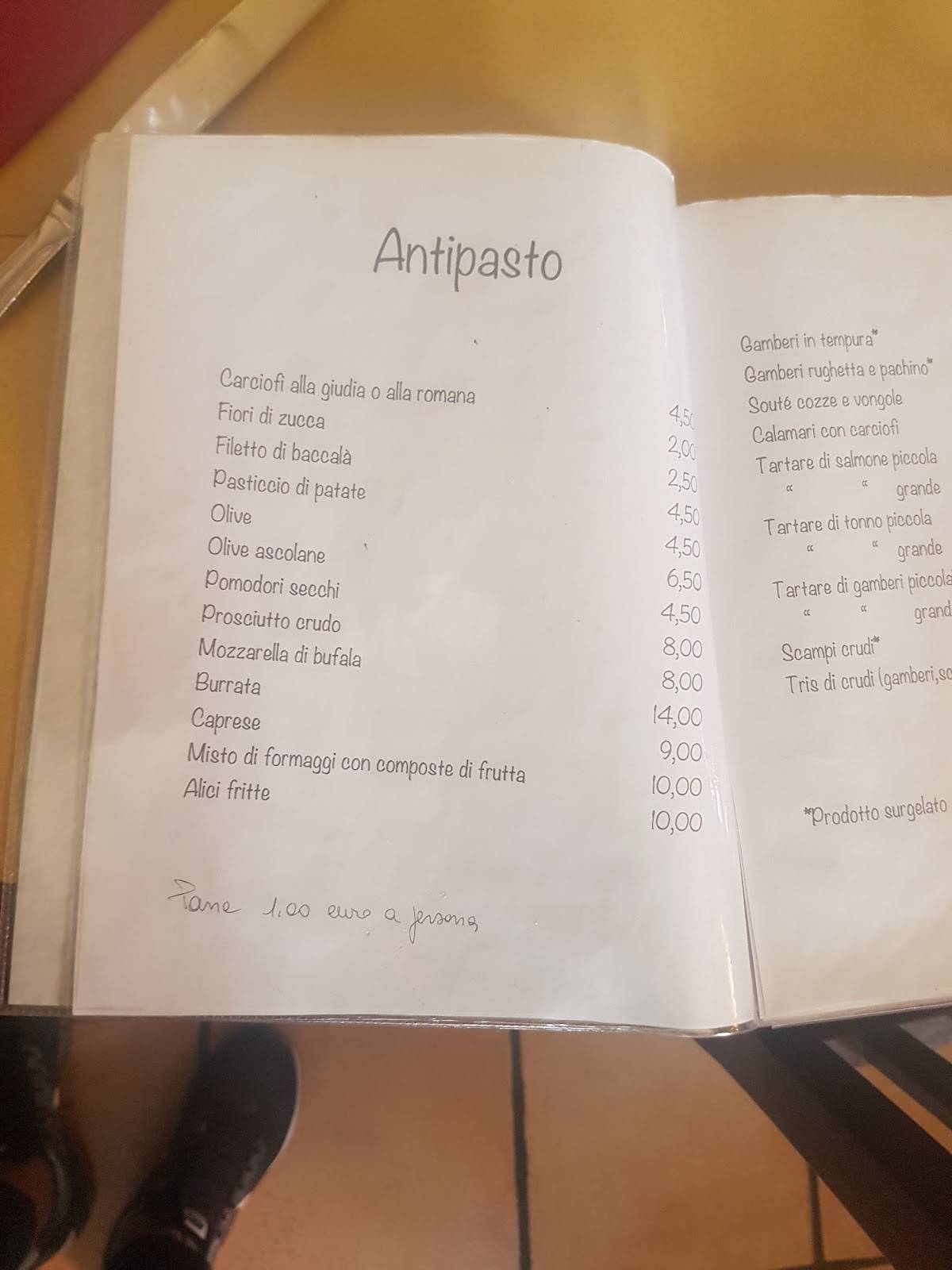 Menu at Trattoria Da Teo restaurant, Rome, Piazza dei Ponziani