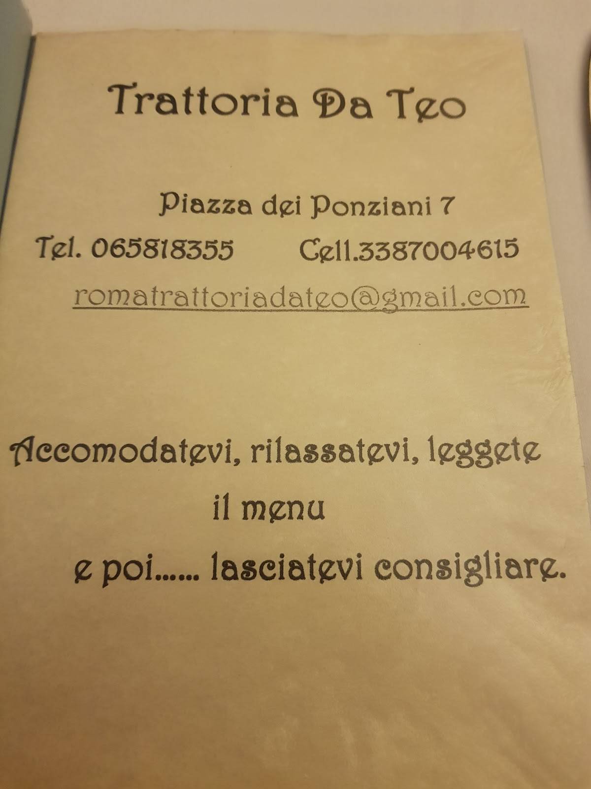 Menu at Trattoria Da Teo restaurant, Rome, Piazza dei Ponziani