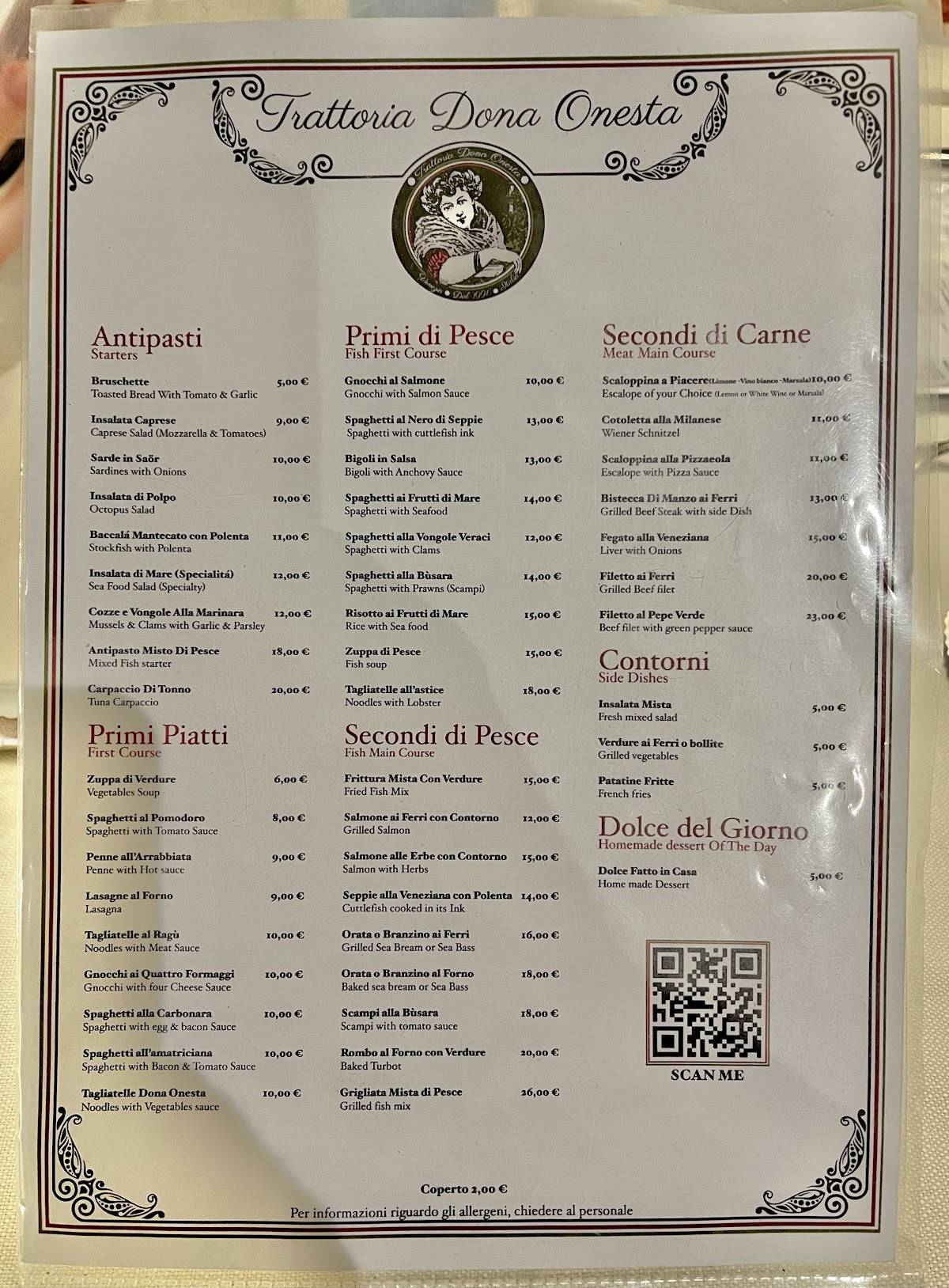 Menu at Trattoria Dona Onesta restaurant, Venice, Sestiere Dorsoduro