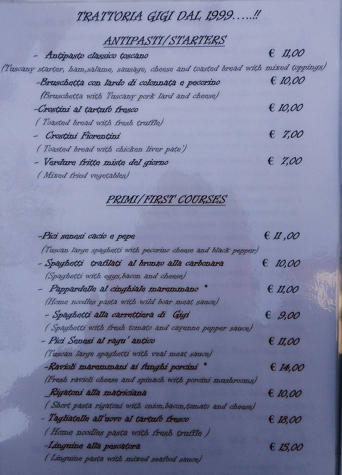 Menu at Trattoria Gigi restaurant, Florence