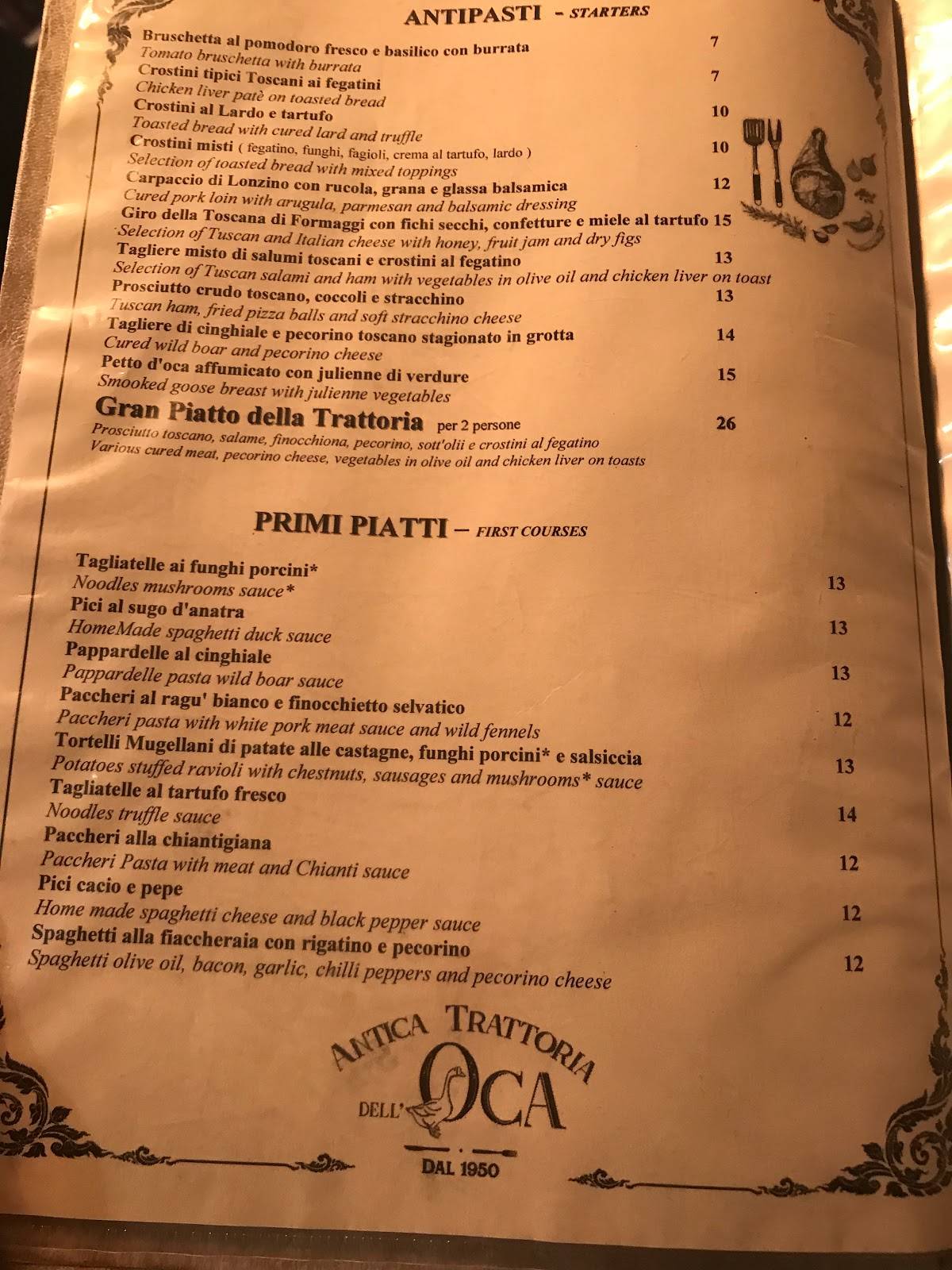Menu da Antica Trattoria Dell' Oca ristorante, Firenze