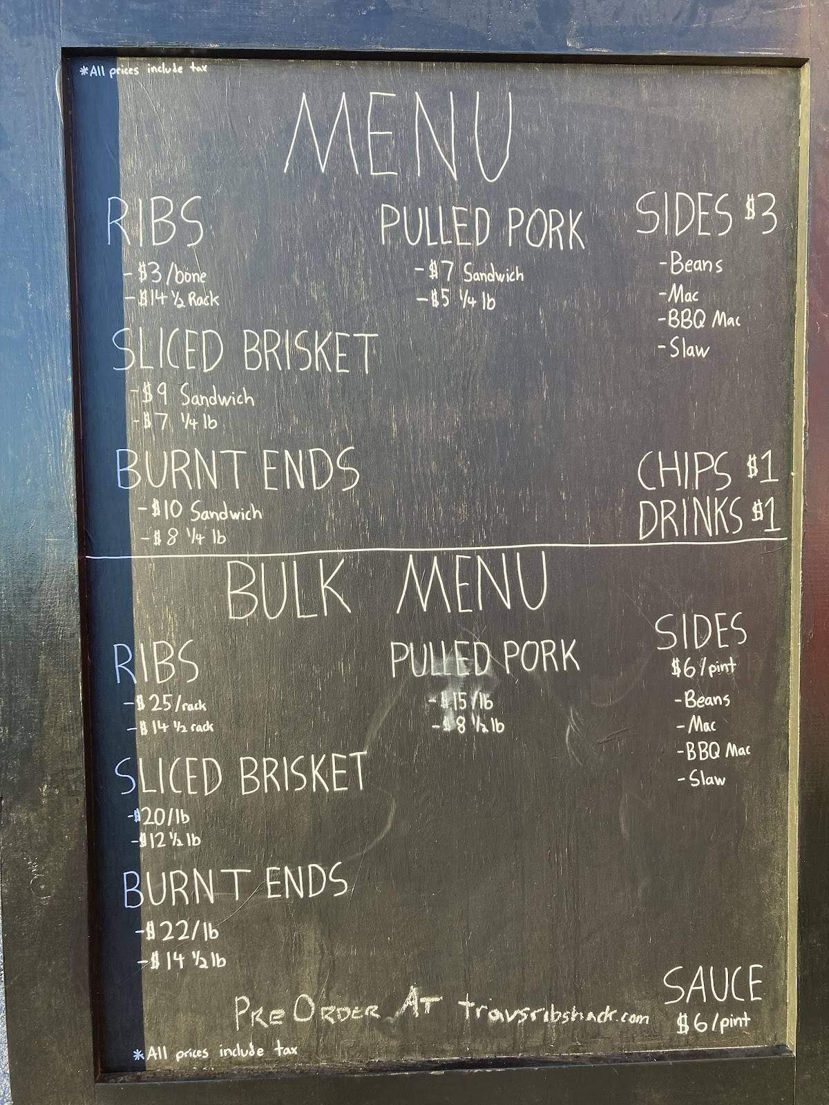 Menu at Trav's Rib Shack restaurant, Siloam Springs