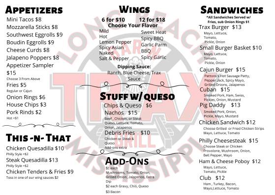 Menu at Trax Bar & Grill, Long Beach