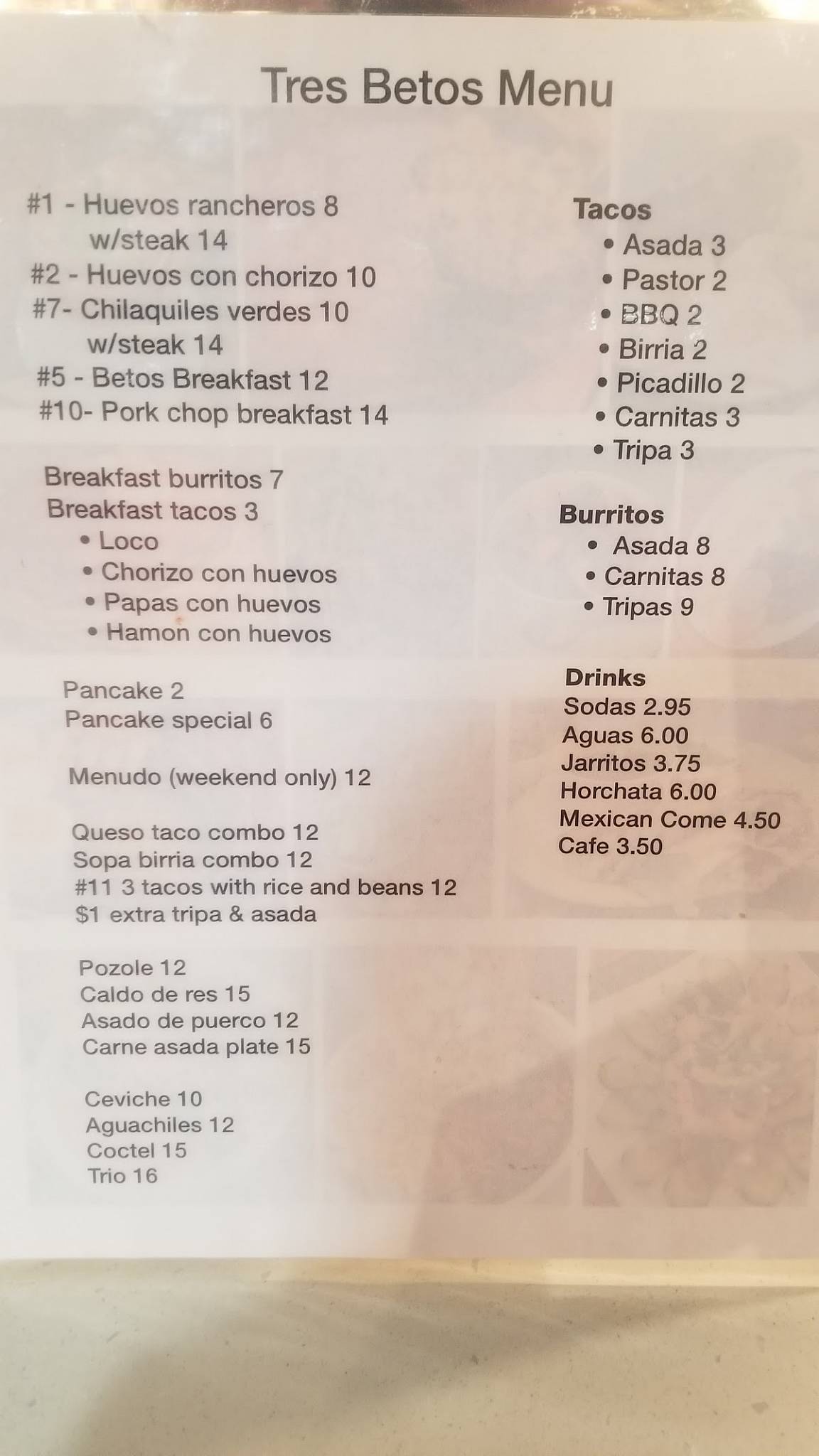 Menu at Tres Betos Taqueria restaurant, Fort Worth