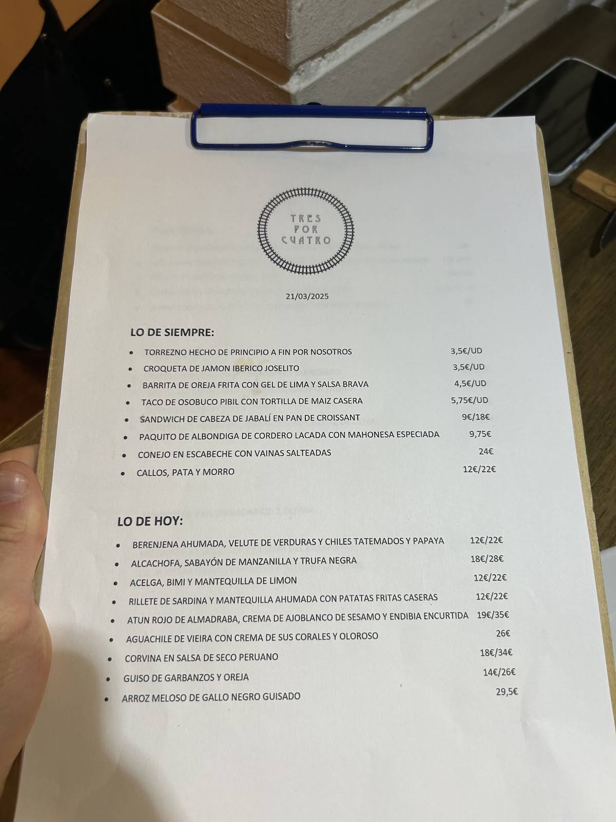 Carta del restaurante Tres por Cuatro, Madrid, C. del Montesa