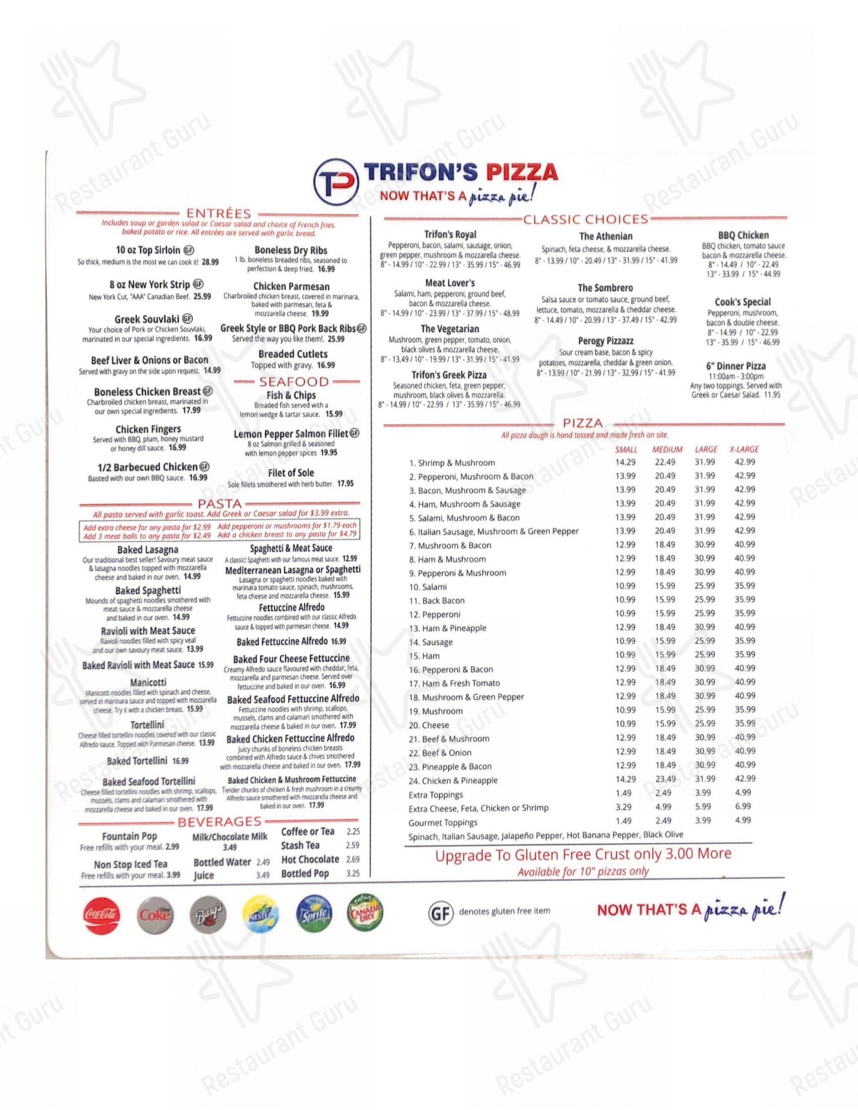 Menu at Trifon's Pizza restaurant, Canora