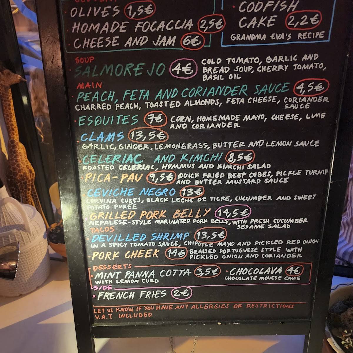 Menu at Trinca restaurant, Lisbon