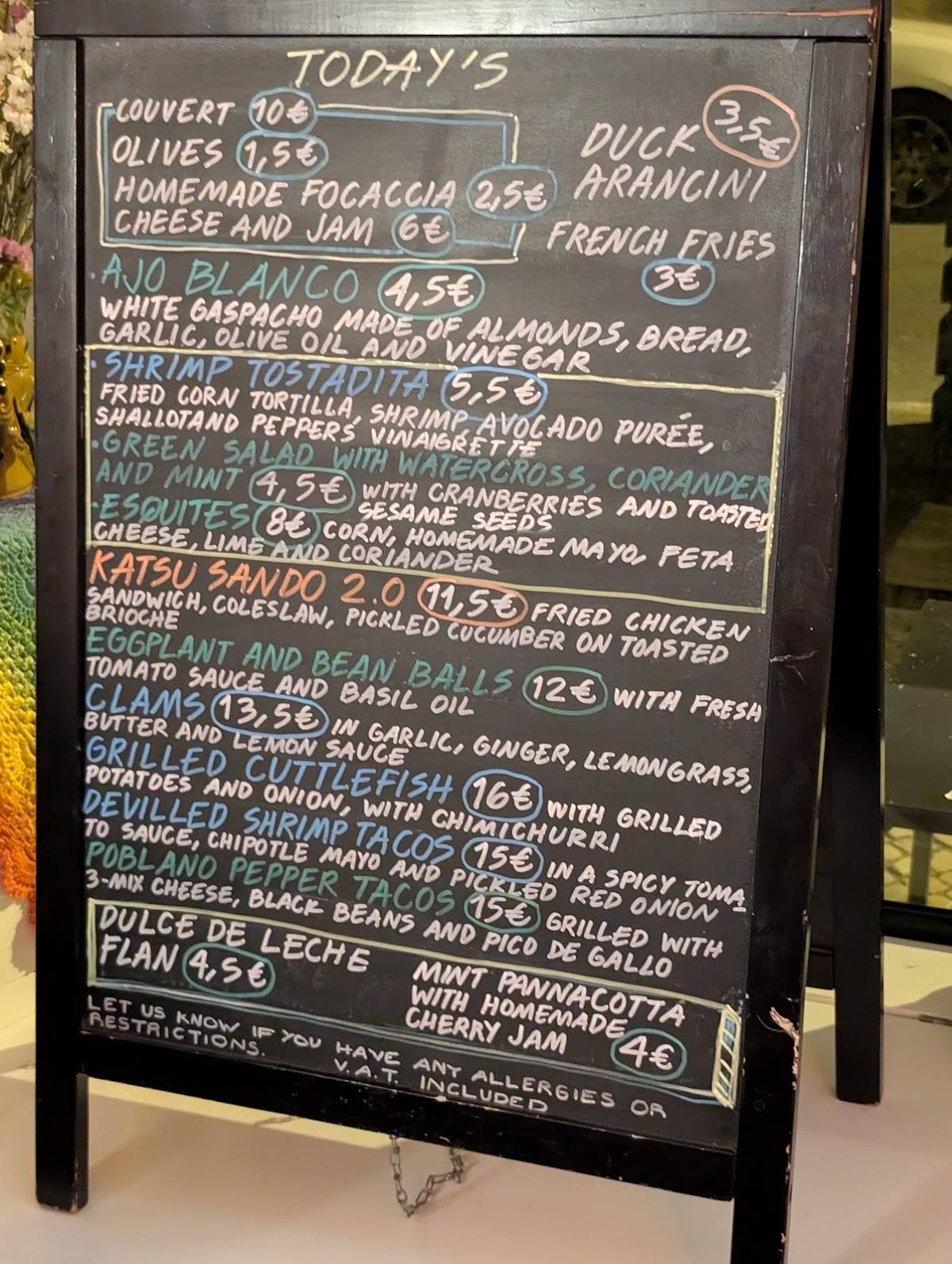 Menu at Trinca restaurant, Lisbon