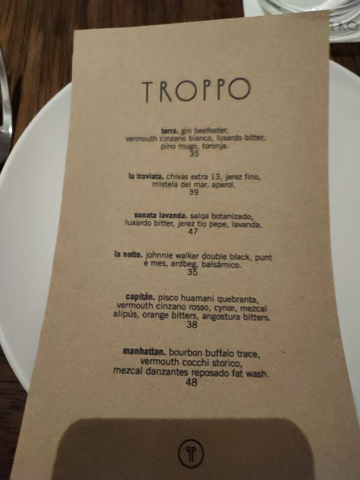 Carta de Troppo Restaurante, San Isidro