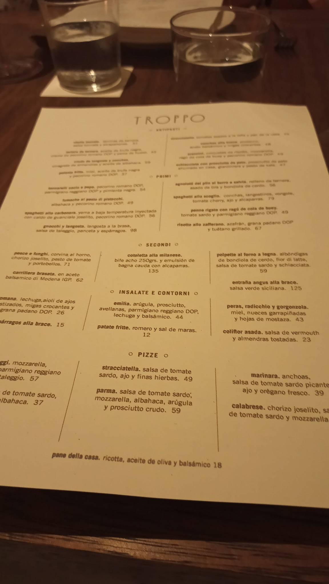 Carta de Troppo Restaurante, San Isidro