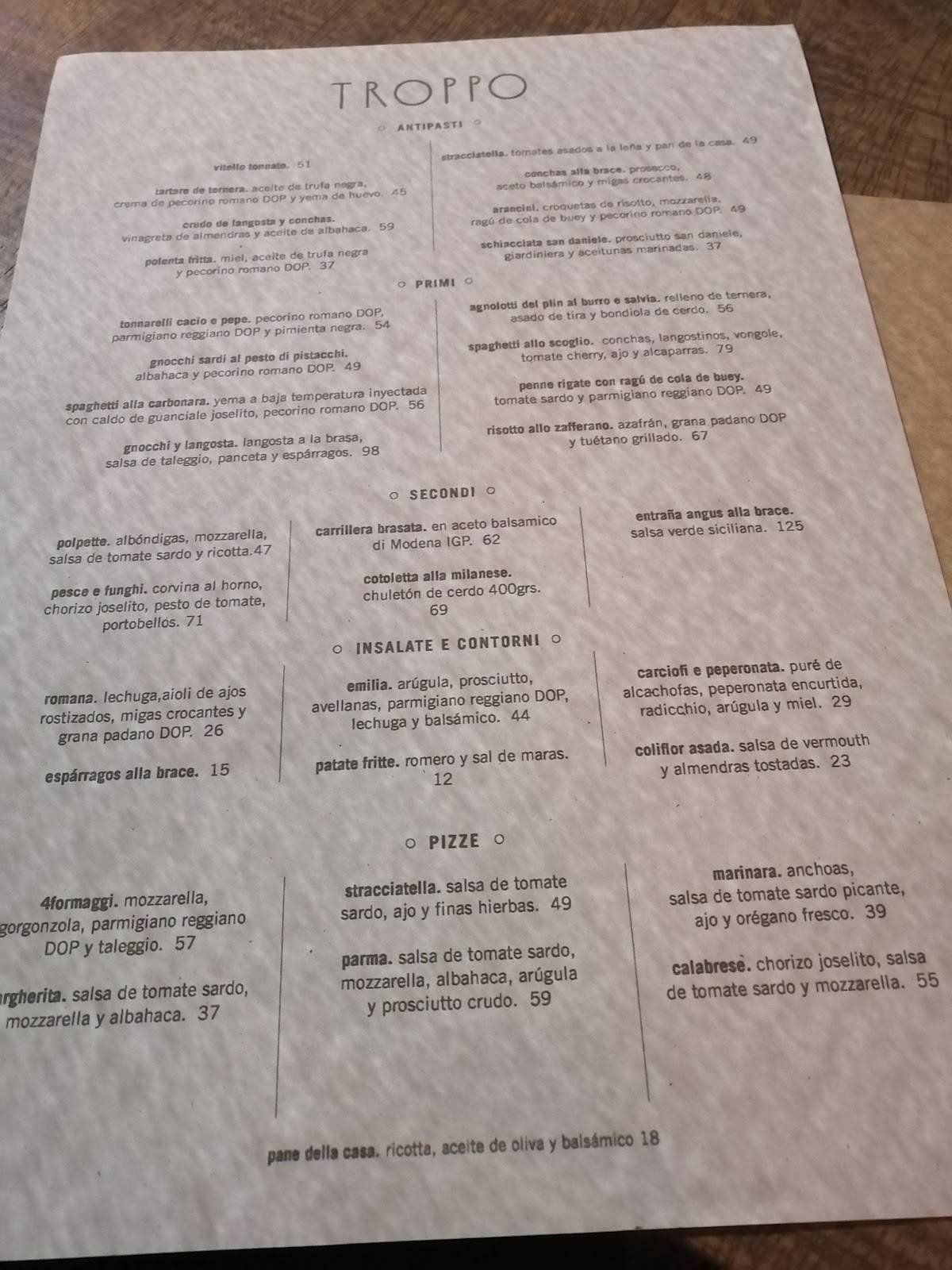 Carta de Troppo Restaurante, San Isidro