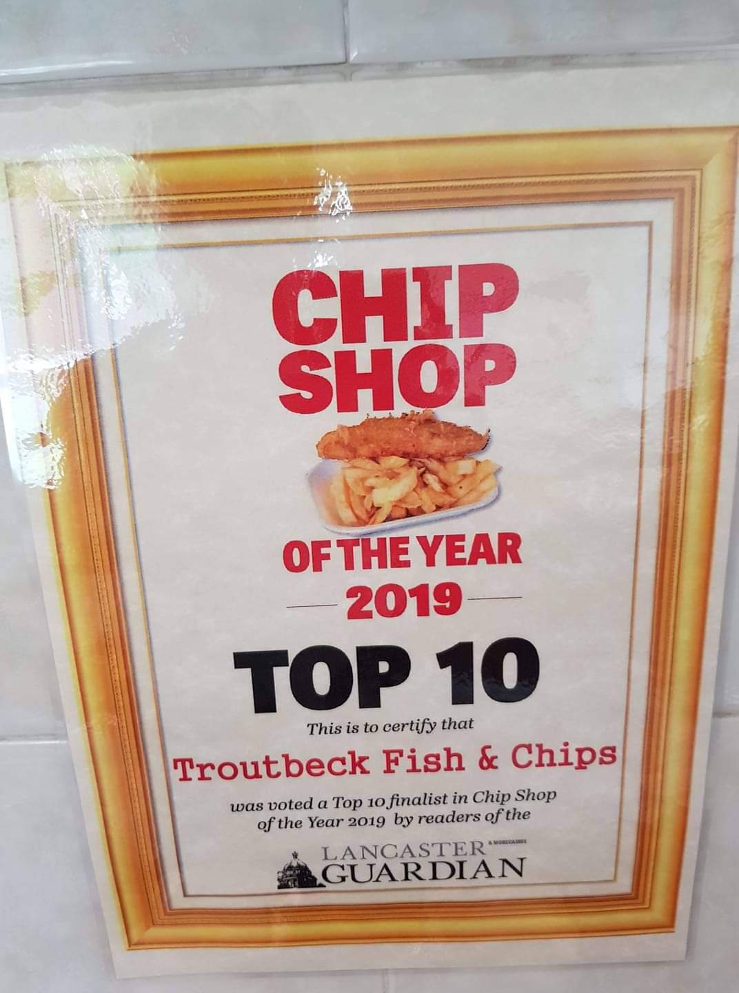 Menu at Troutbeck Chippy fast food, Morecambe