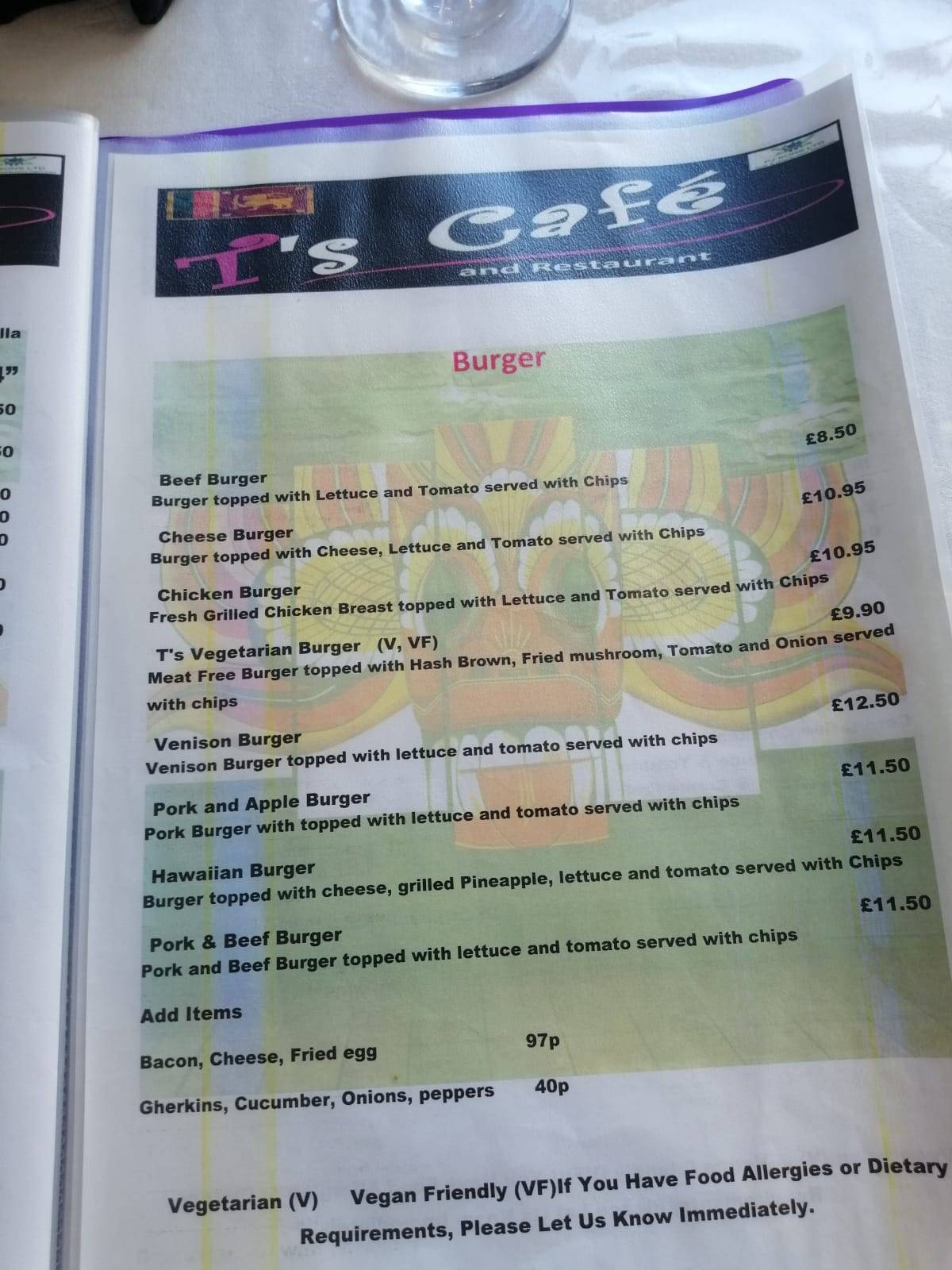 Menu at T's Café Restaurant, Thurso