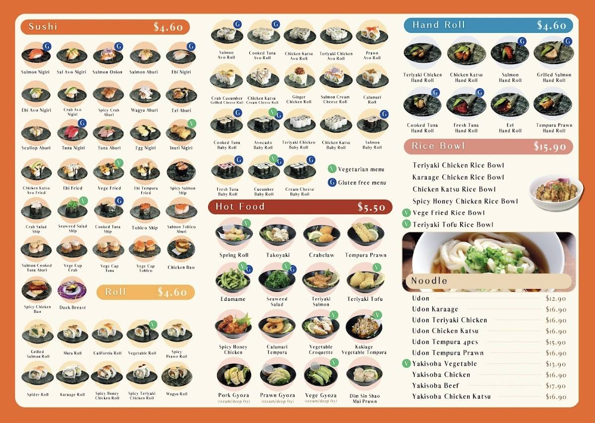 Menu at Tsukumi Conveyor Sushi restaurant, Wynnum West