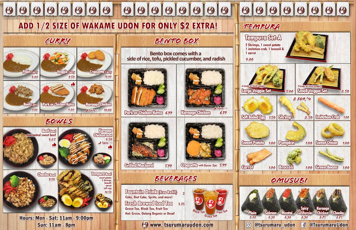 Menu at Tsurumaru Udon Honpo restaurant, Arcadia