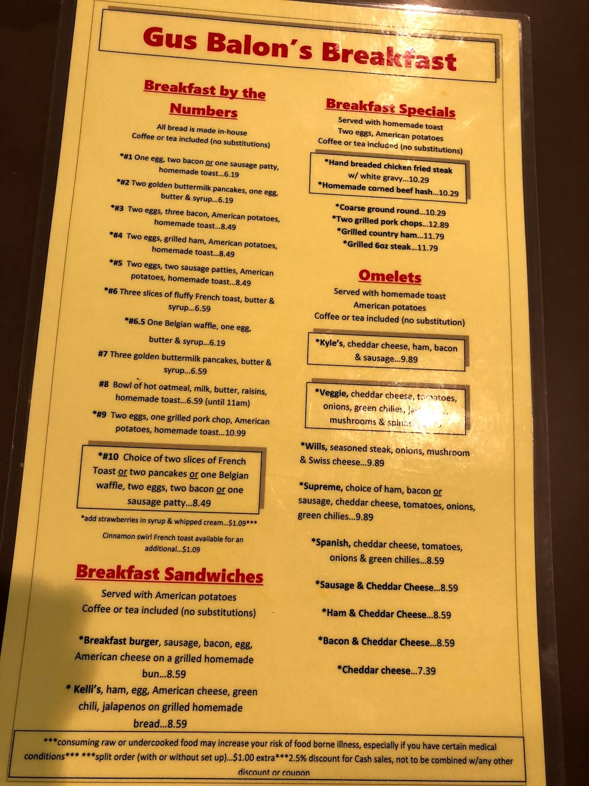 Menu at Gus Balon's Restaurant, Tucson
