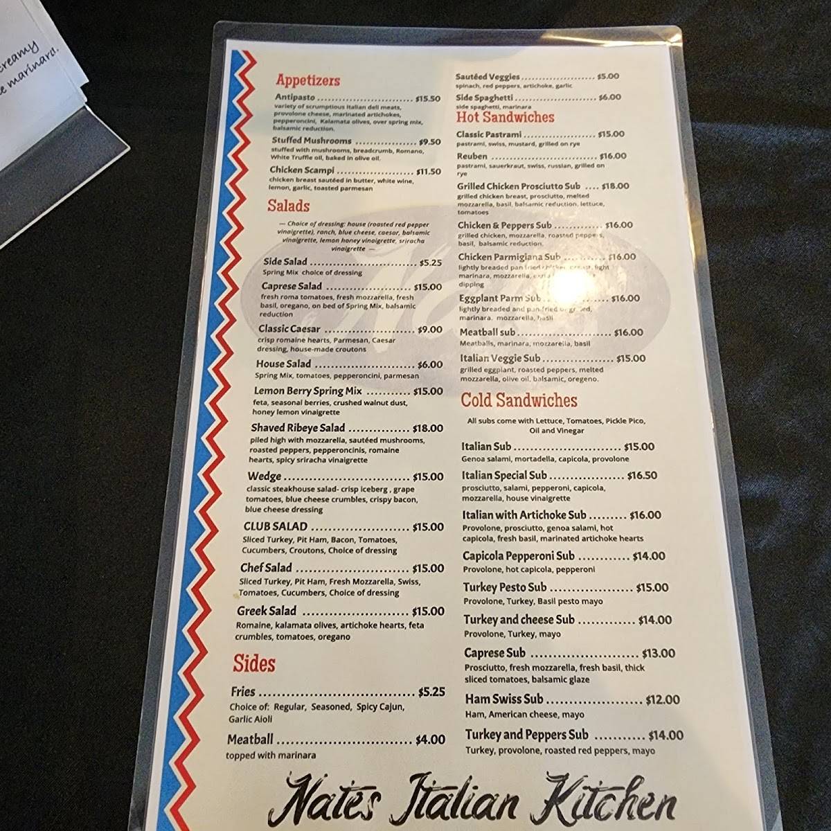 Menu at Nate's Italian Kitchen restaurant, Tucson