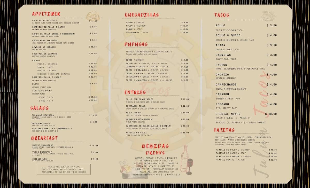 Menu at Tulum Tacos Restaurant, Oakland Park
