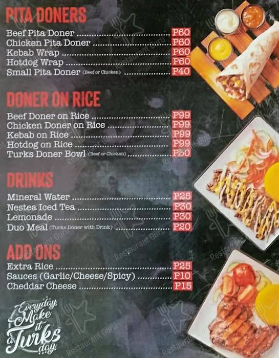 Menu at Turks restaurant, Mandaluyong, Eatology