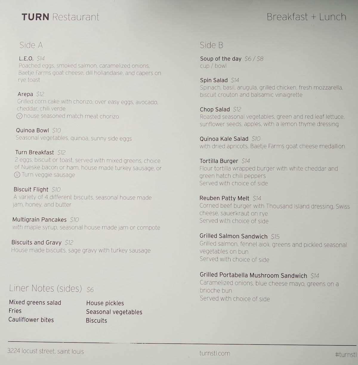 Menu at Turn restaurant, St. Louis