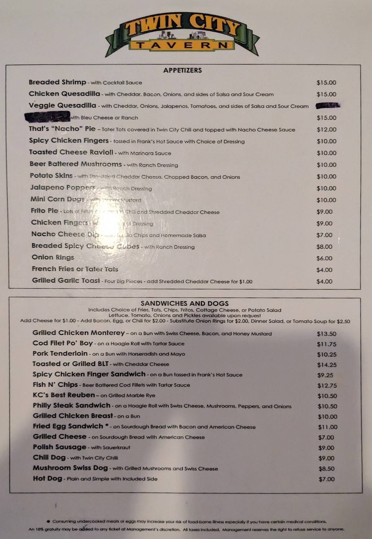 Menu at Twin City Tavern pub & bar, Kansas City