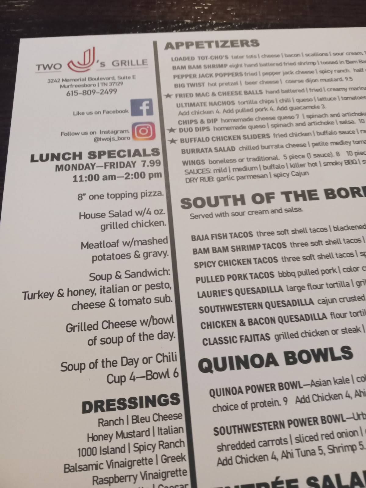 Menu at Two J's Grille pub & bar, Murfreesboro
