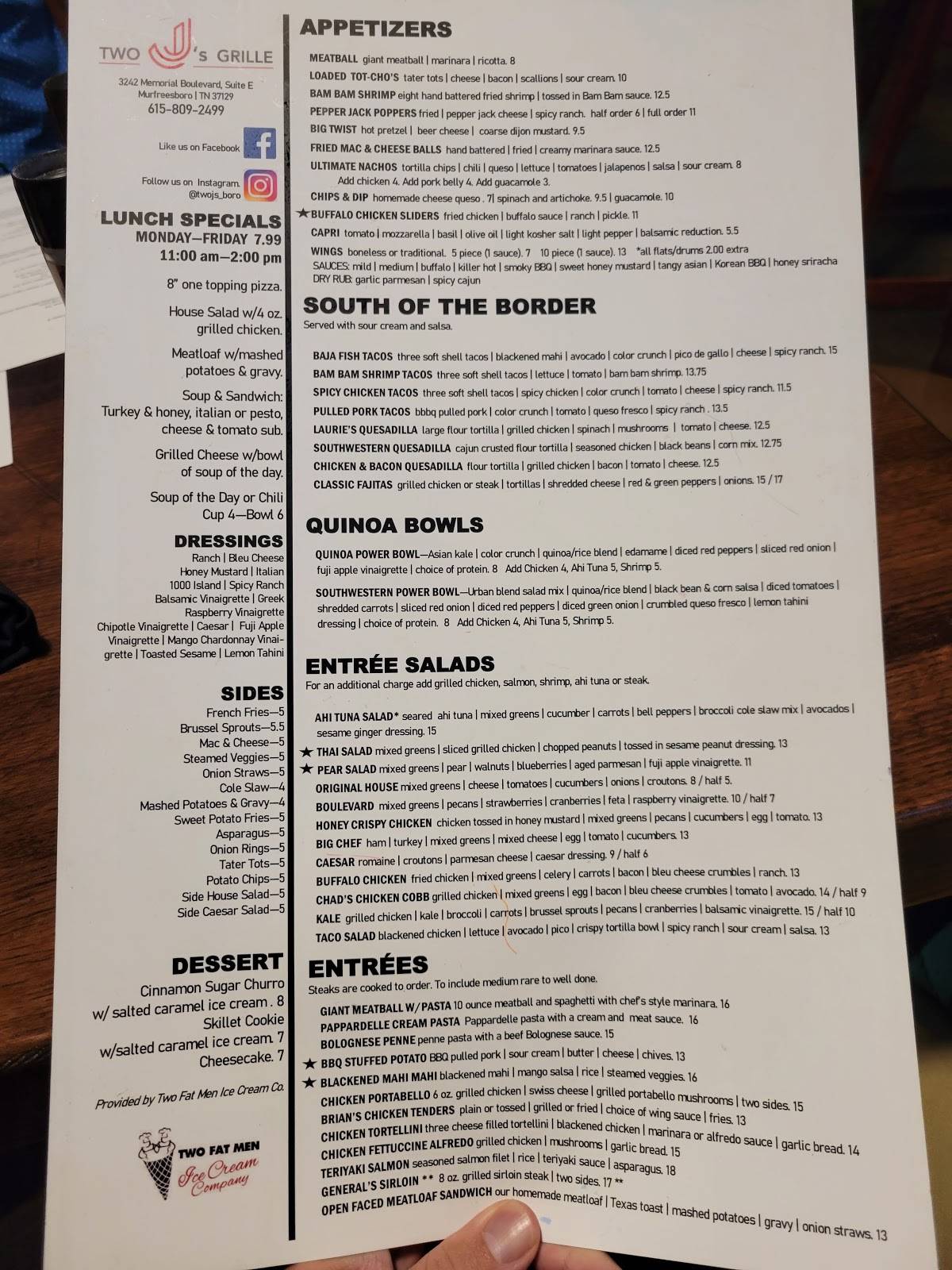 Menu at Two J's Grille pub & bar, Murfreesboro