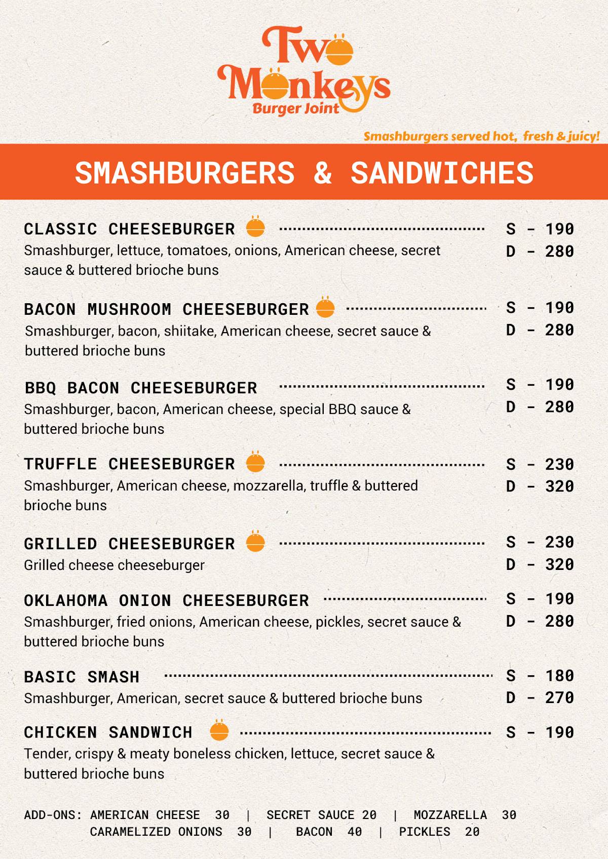Menu at Two Monkeys Burger Joint restaurant, Cainta