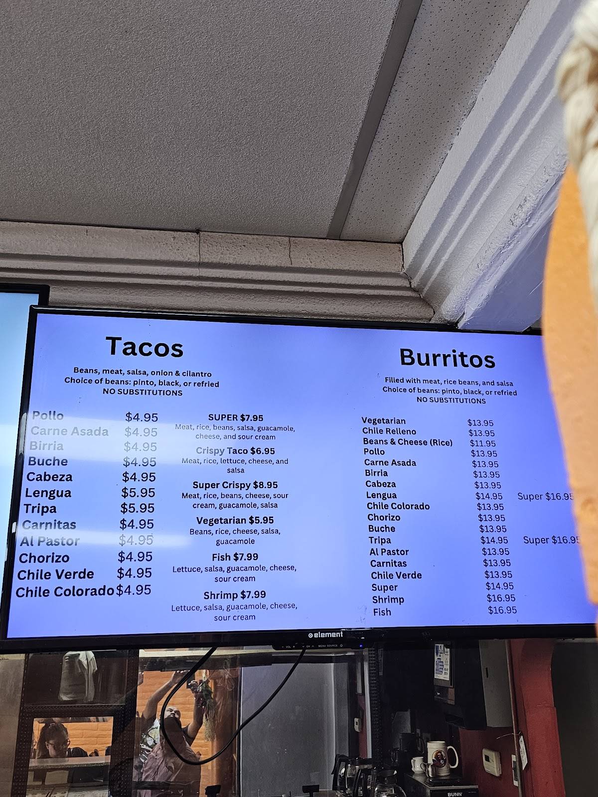 Menu at Two Pesos Taqueria restaurant, Los Gatos