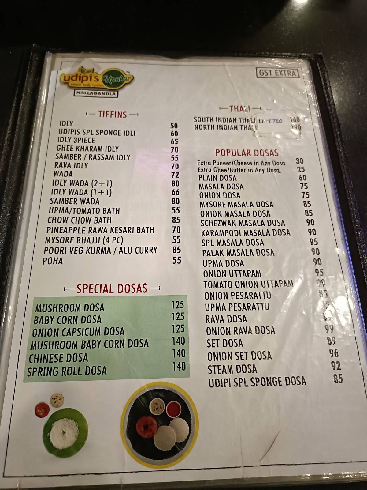 Menu at Udipi's Upahar Nallagandla, Hyderabad