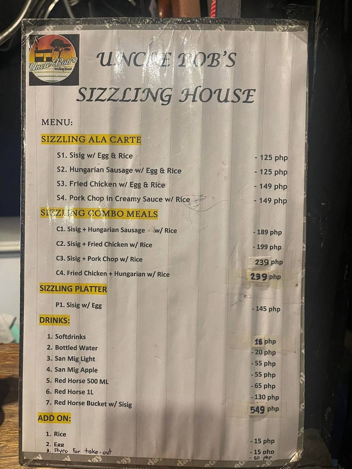Menu at Uncle Bob's Sizzling House restaurant, Mandaue City