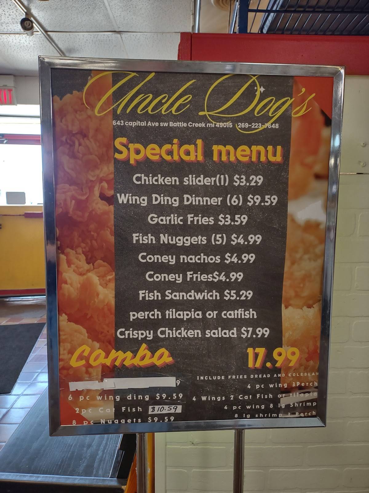 Menu at Uncle Dog's restaurant, Battle Creek