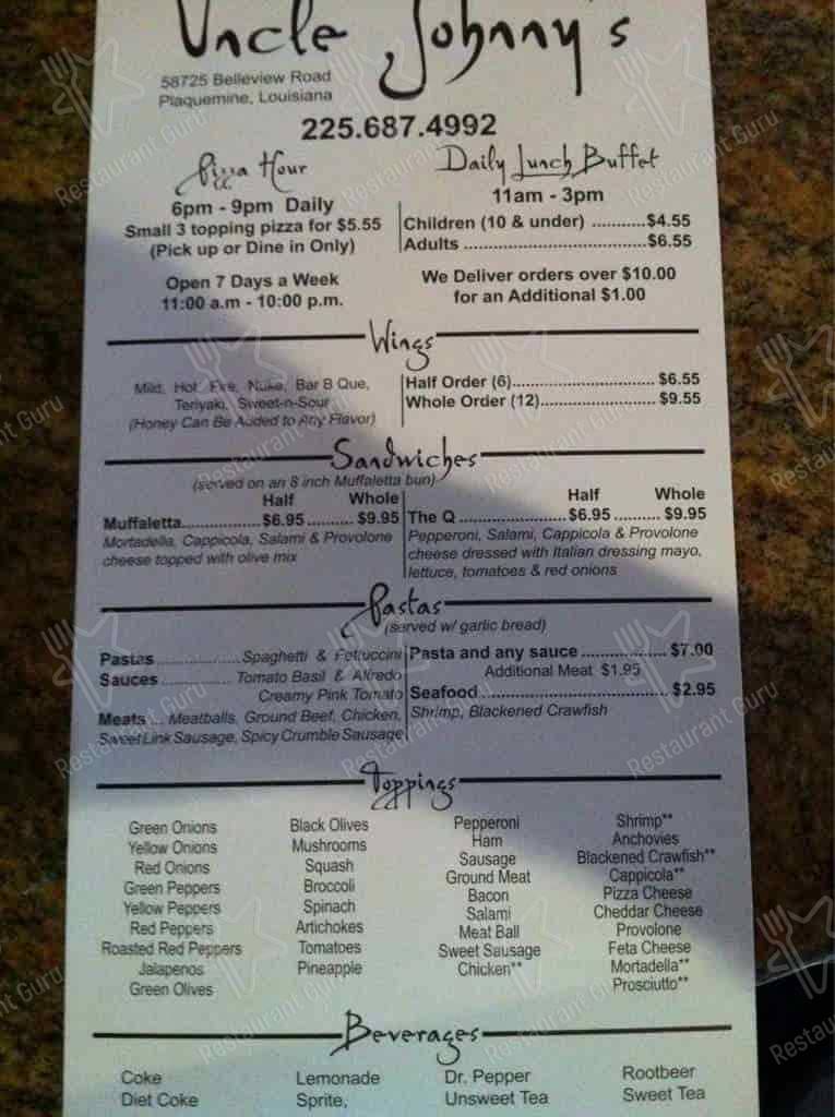 Menu at Uncle Johnny's restaurant, Plaquemine