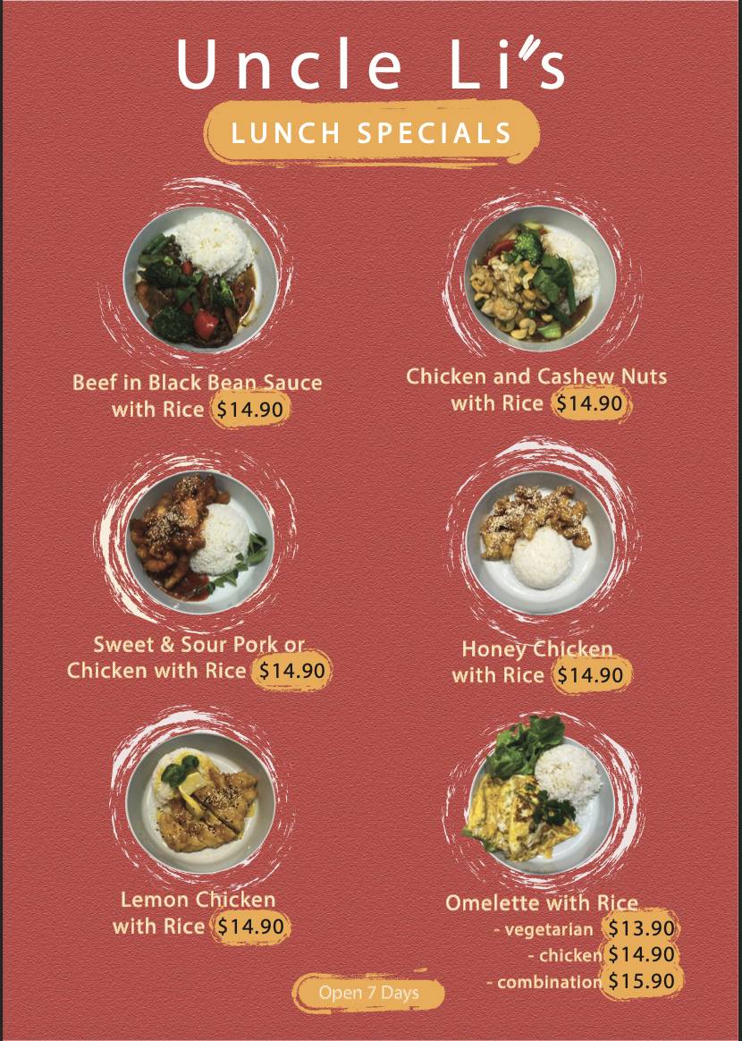 Menu at Uncle Li's restaurant, Brisbane City, Post Office Square Park
