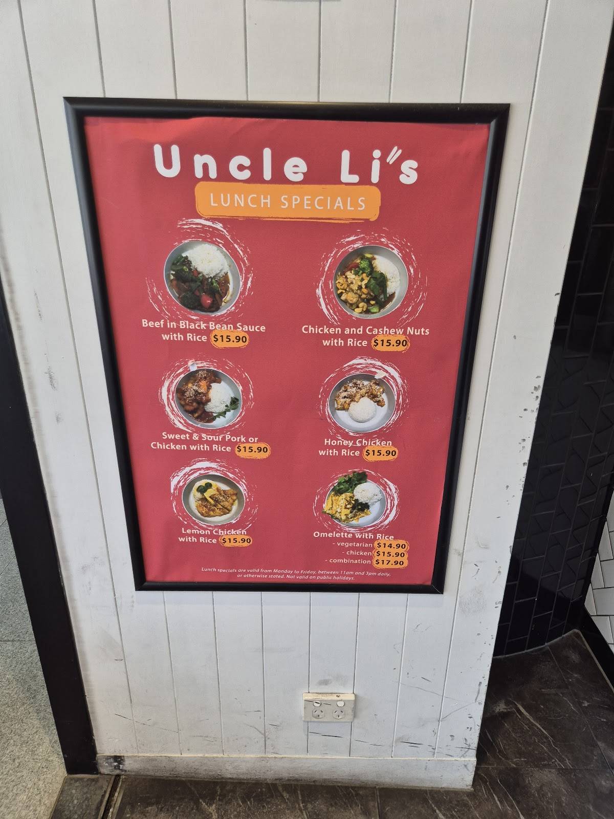 Menu at Uncle Li's restaurant, Brisbane City, Post Office Square Park
