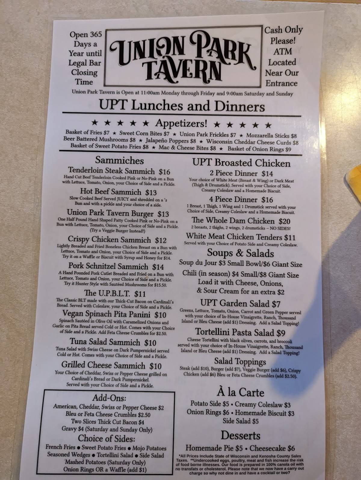 Menu at Union Park Tavern pub & bar, Kenosha