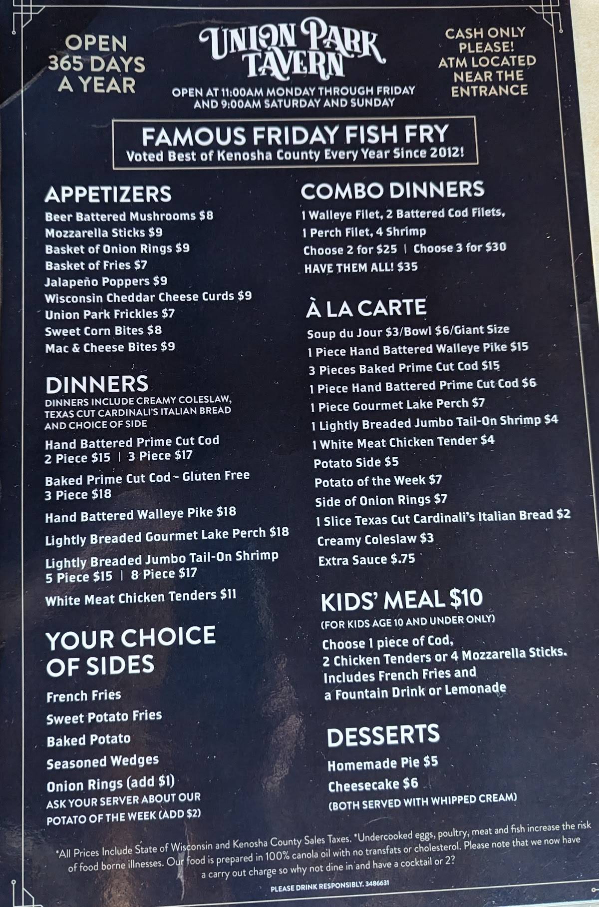 Menu at Union Park Tavern pub & bar, Kenosha