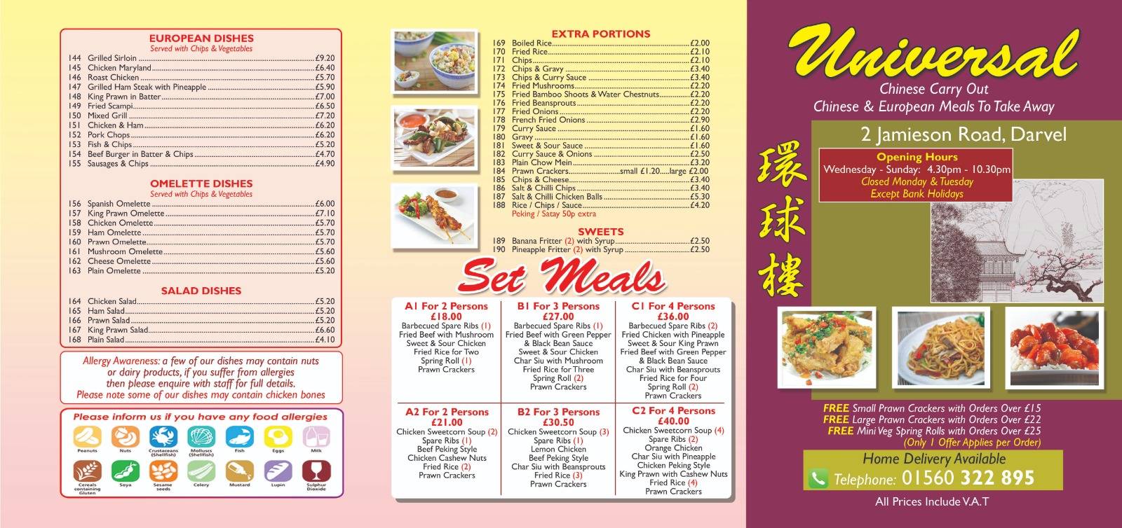 Menu at Universal Chinese Carry Out fast food, Darvel