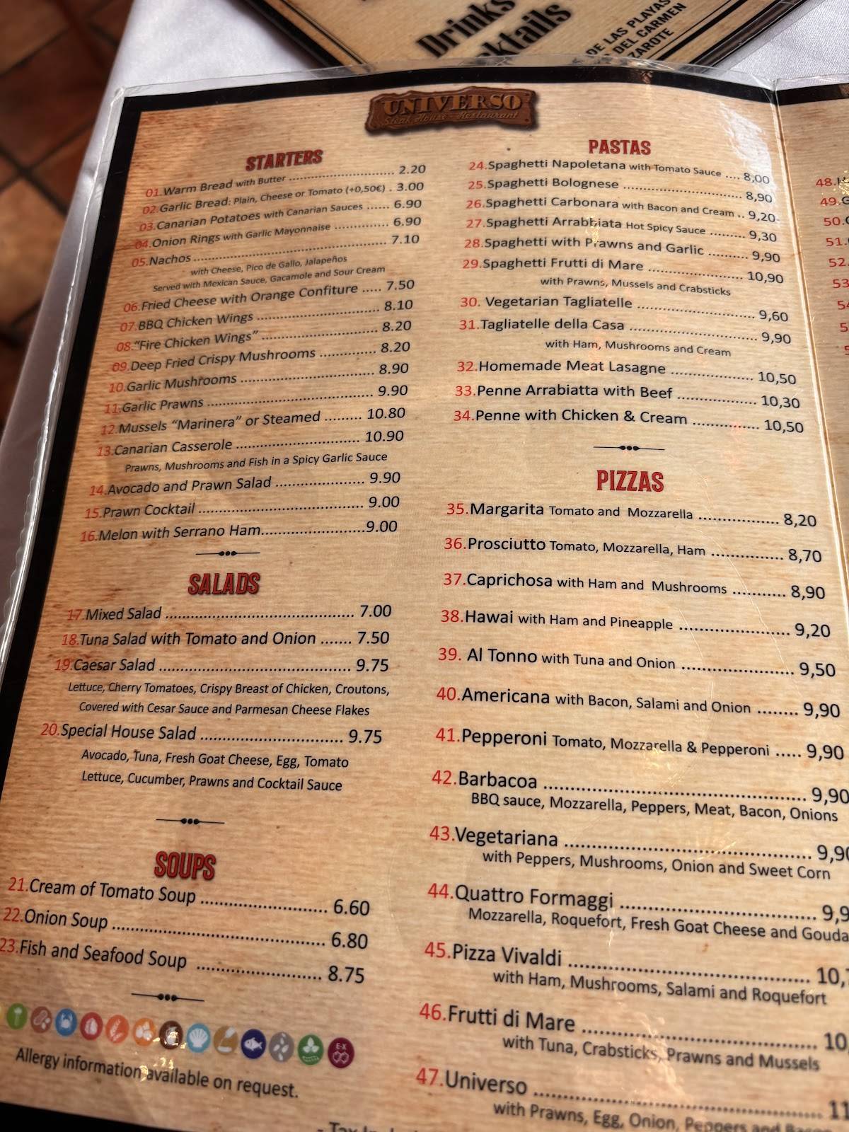 Menu at Universo Grill steakhouse, Puerto del Carmen