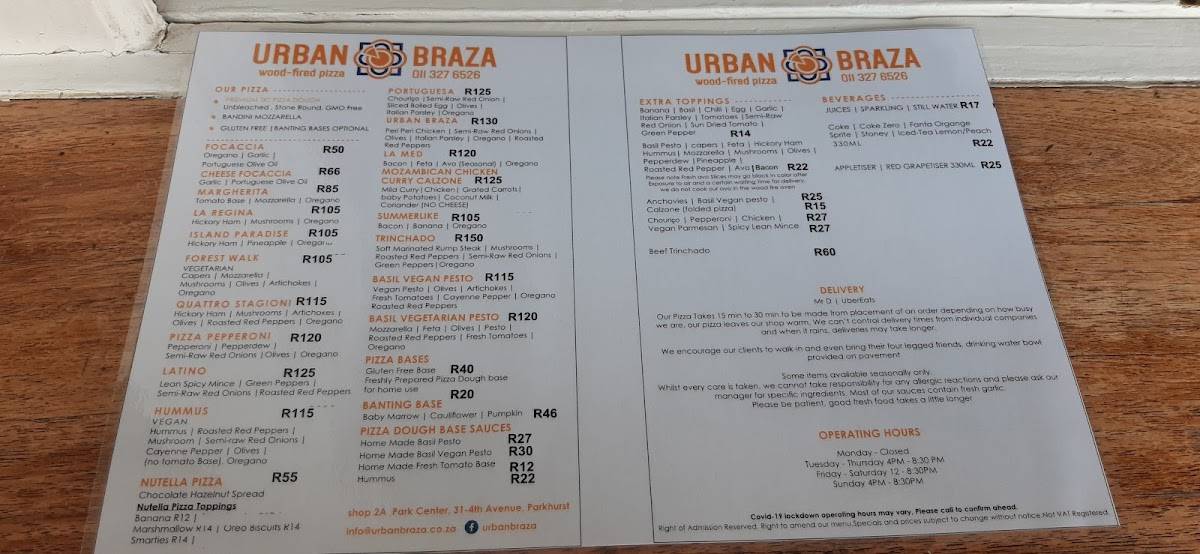 Menu at Urban Braza pizzeria, Randburg